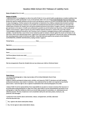 Fillable Online Vacation Bible School 2017 Release of Liability Form ...