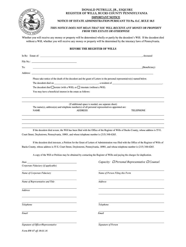 Fillable Online REGISTER OF WILLS, BUCKS COUNTY PENNSYLVANIA Fax Email ...