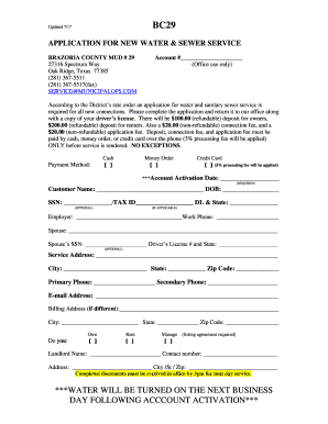 Fillable Online APPLICATION FOR NEW WATER & SEWER SERVICE Fax Email ...