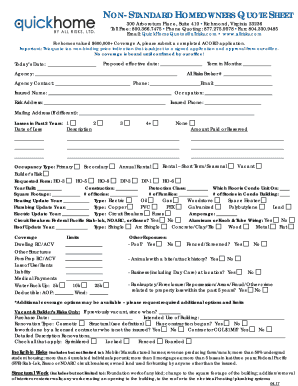 Fillable Online NON-STANDARD HOMEOWNERS QUOTE SHEET Fax Email Print ...