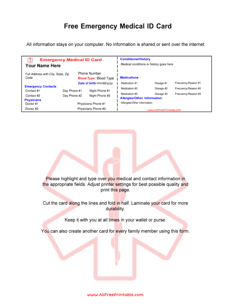 Fillable Online Free Emergency Medical ID Card Fax Email Print - pdfFiller