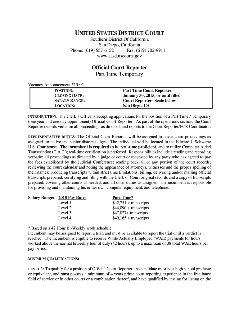 Fillable Online casd uscourts 15-02 Part Time Court Reporter Fax Email ...