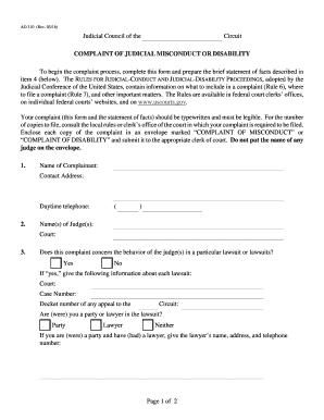 Fillable Online Complaint of Judicial Misconduct or Disability Fax ...