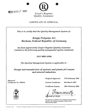 Lloyd's Register - Quality Assurance Certificate Of Approval. - Fill ...
