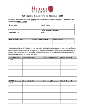 Fillable Online Self Reported Grades Form for Admission - 2018 Fax ...