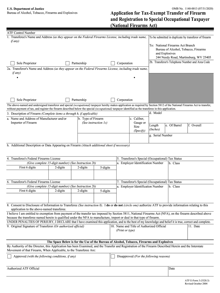 Fillable Online atf Application for Tax-Exempt Transfer of Firearm and Registration to Special ...