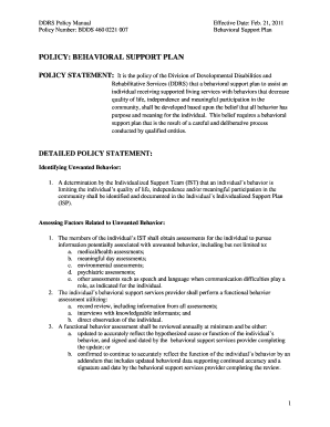 Fillable Online POLICY: BEHAVIORAL SUPPORT PLAN Fax Email Print - pdfFiller