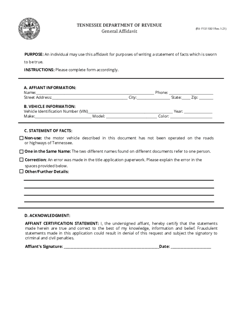 F1311001Fill-in Affidavit for General Information: Fill out & sign online | DocHub