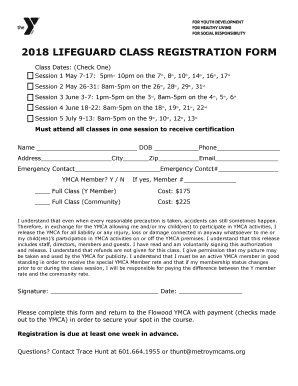 Fillable Online 2018 LIFEGUARD CLASS REGISTRATION FORM Fax Email Print ...
