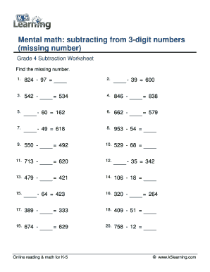 Fillable Online Grade 4 Subtraction Worksheet - Mental math. Grade 4 ...