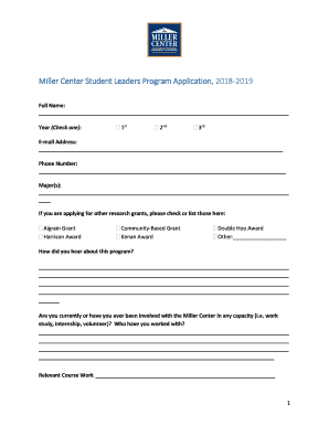 Fillable Online Miller Center Student Leaders Program Application, 2018 ...