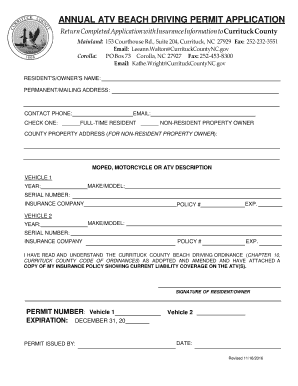 Fillable Online co currituck nc ATV Beach Driving Permit Application ...