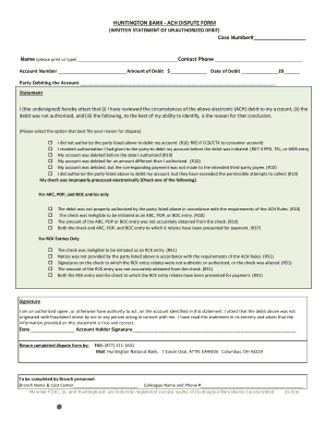 Fillable Online ACH DISPUTE FORM Case Number - Huntington Fax Email ...
