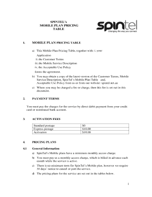 Fillable Online SpinTel Mobile Pricing Table. Mobile Pricing Table Fax ...