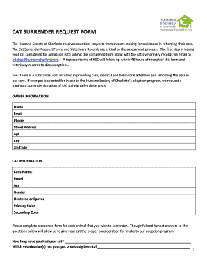 Fillable Online cat surrender request form - The Humane Society of ...
