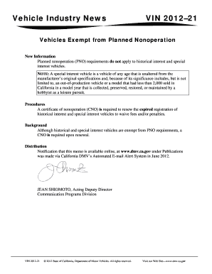 Fillable Online VIN 2012-21 - Vehicles Exempt from Planned Nonoperation ...