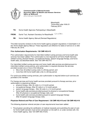 Fillable Online MassHealth Transmittal Letter HHA-51 February 2016 TO ...