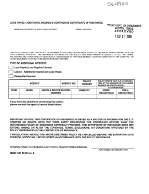 Fillable Online Loss Payee / Additional Insured's Continuous ...