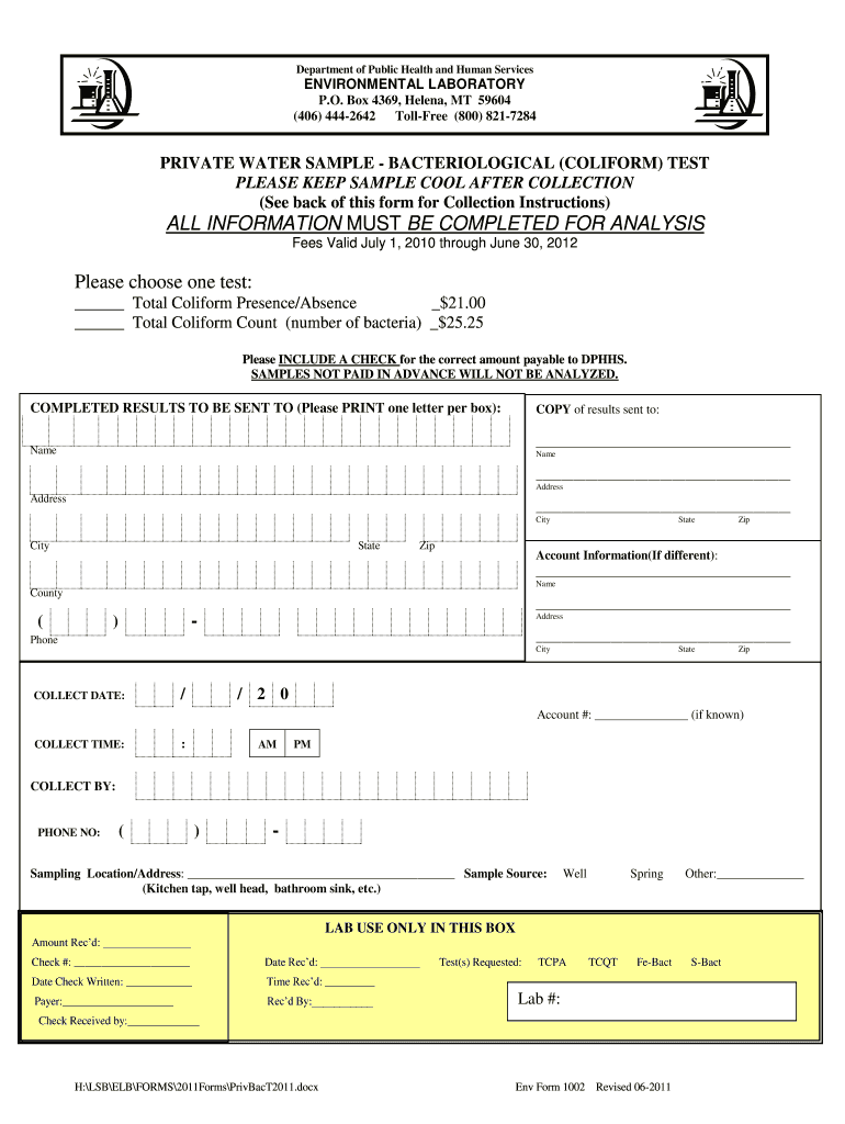 Fillable Online Private Water Sample - Bacteriological (Coliform) Test ...