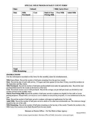 Fillable Online opi mt DAILY RECORD FORM SPECIAL MILK PROGRAM - opi mt ...