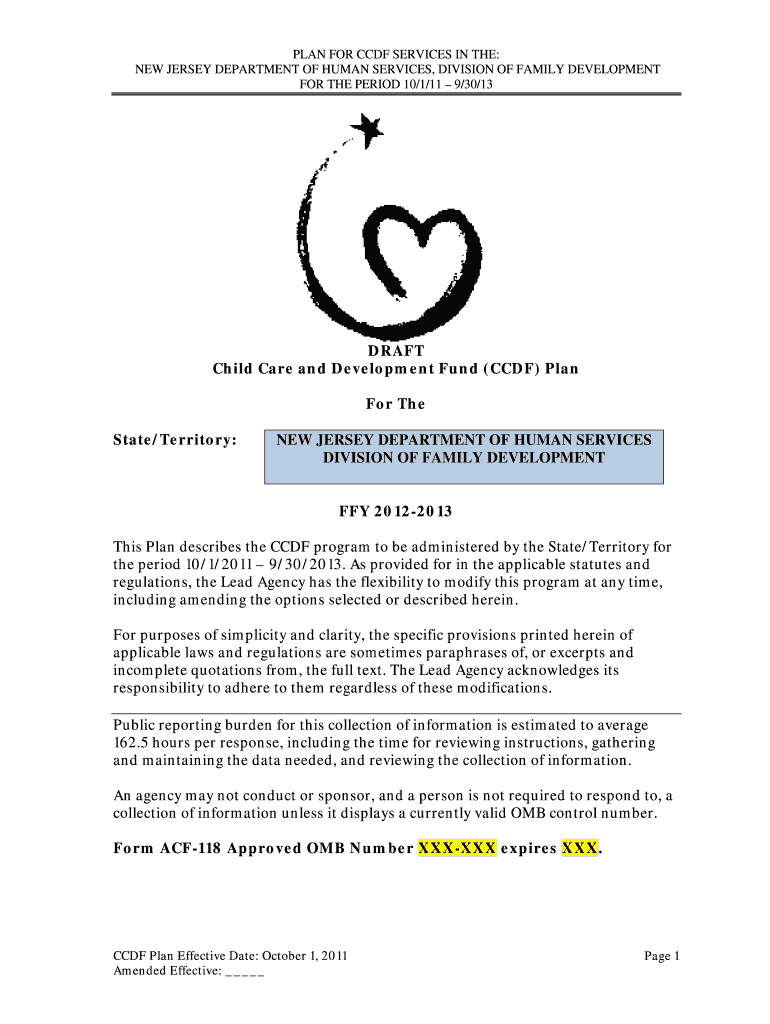 Fillable Online PLAN FOR CCDF SERVICES IN THE: NEW JERSEY DEPARTMENT OF ...