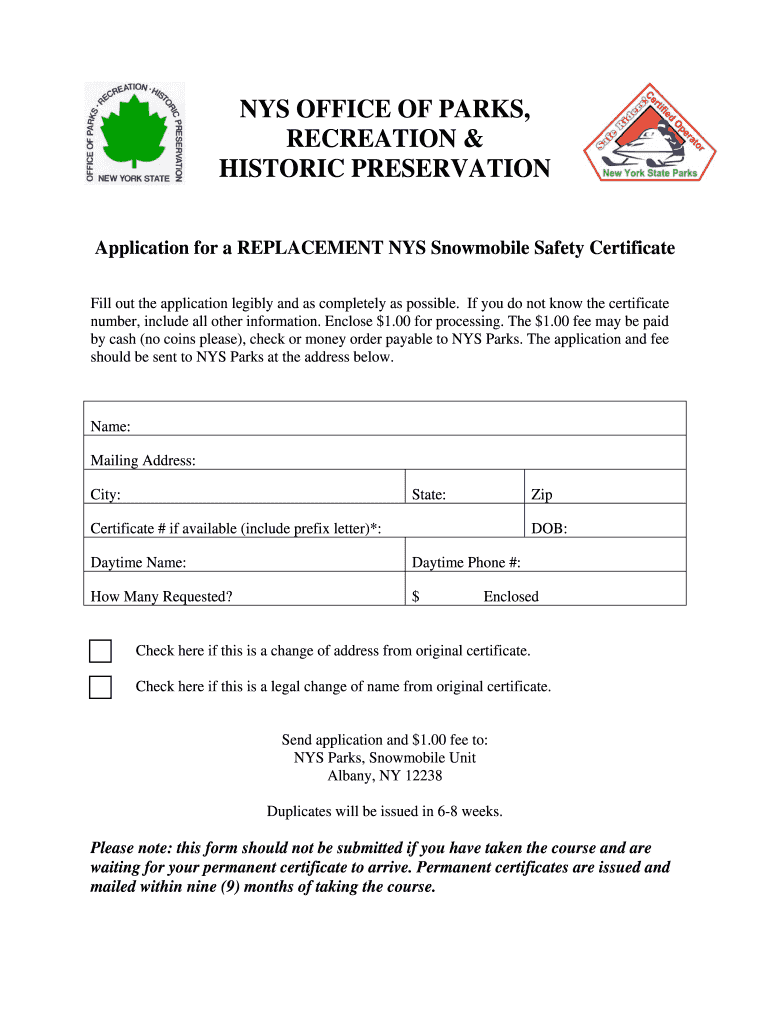 Fillable Online NYS Snowmobile Safety Certificate Replacement ...