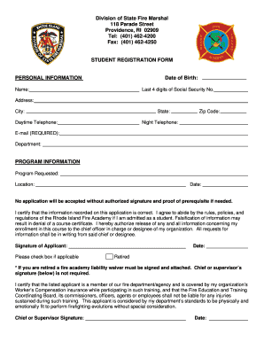 Fillable Online fire-marshal ri Student Registration Form - State of ...