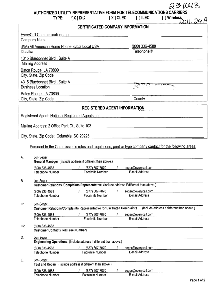 Fillable Online Form for Telecommunications Utility Representative Fax ...