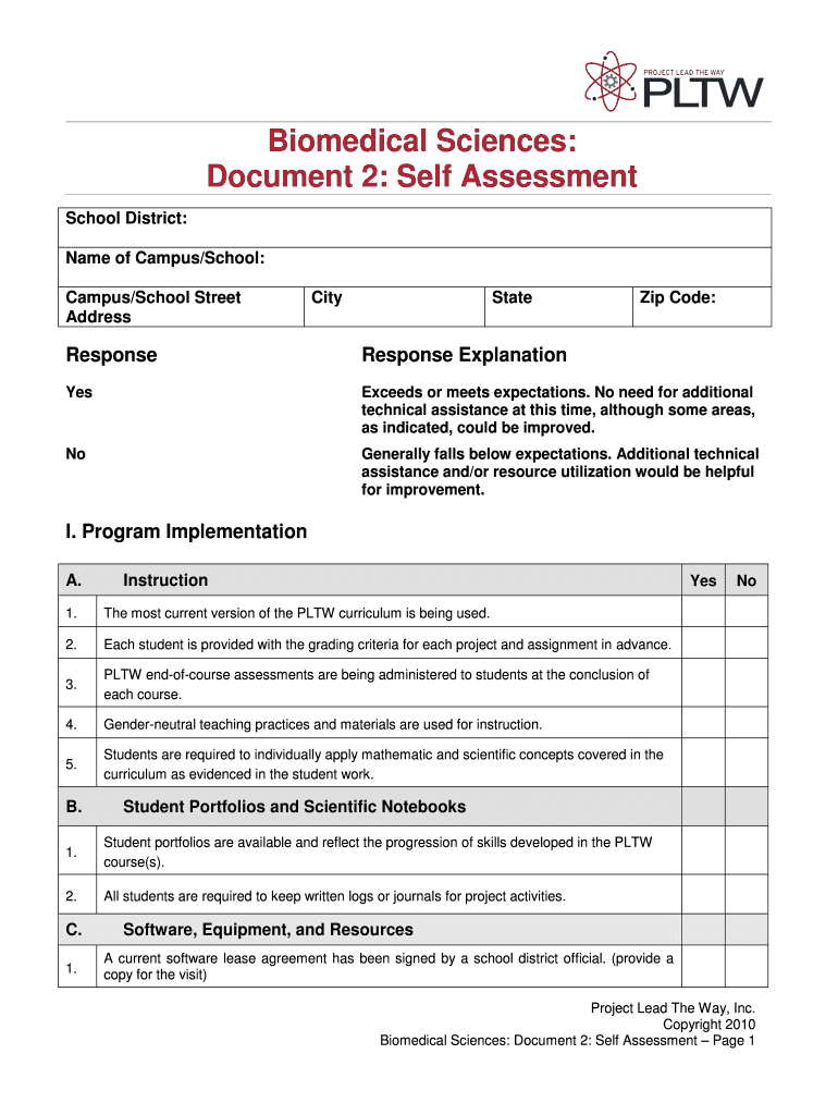 Fillable Online Self Assessment for PLTW Biomedical Sciences Program ...