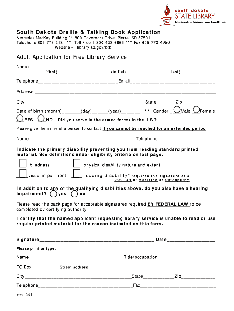 Fillable Online Braille & Talking Book Service Application Fax Email ...
