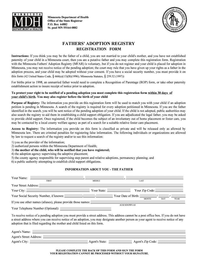 Fillable Online Fathers' Adoption Registry Registration Form Fax Email ...