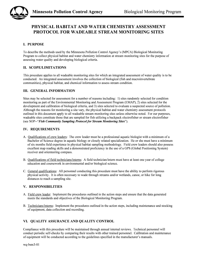Fillable Online Physical Habitat and Water Chemistry Assessment ...