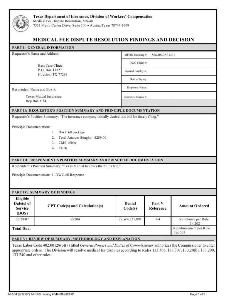 Fillable Online tdi texas Respondent Name and Box # Texas Mutual ...