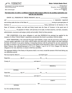 Motor Vehicle Dealer Bond - Vermont Department Of Motor Vehicles ...