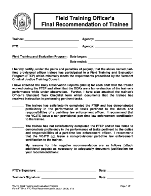 Fillable Online Field Training Officer's Final Recommendation of ...