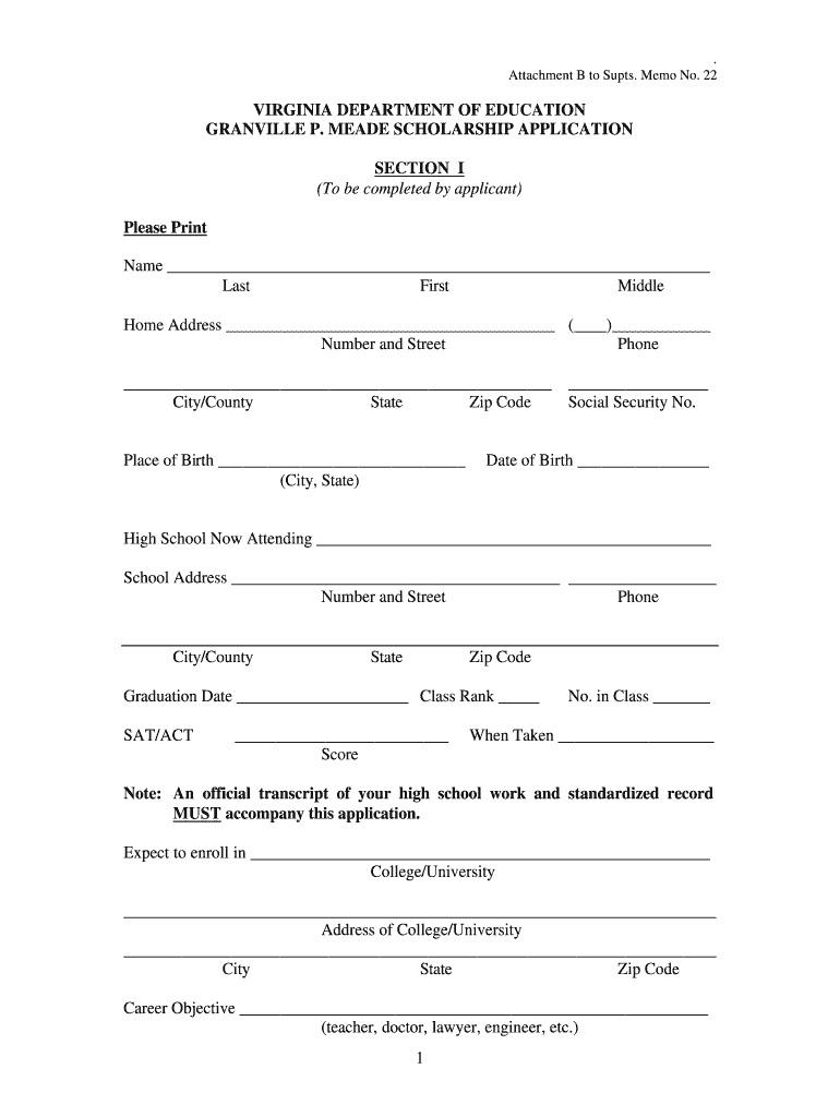Fillable Online Granville P. Meade Scholarship Application Fax Email Print - pdfFiller