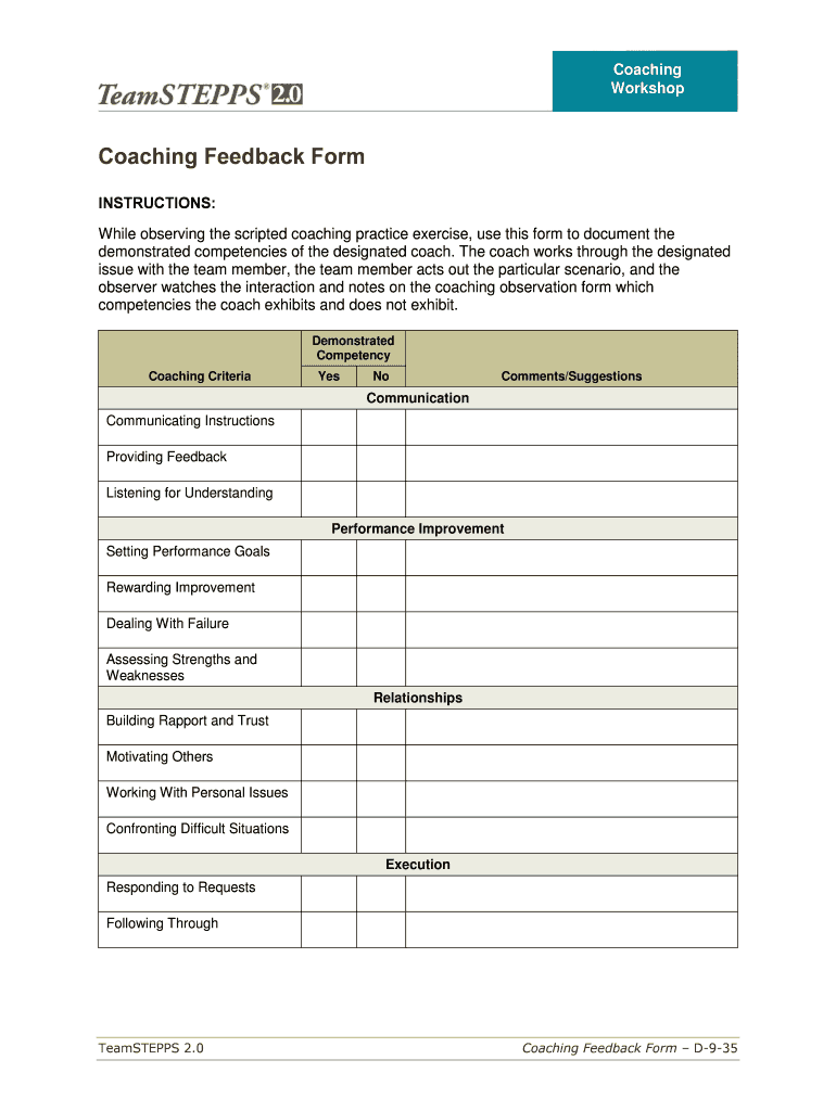 Fillable Online Coaching Workshop Feedback Form Fax Email Print - pdfFiller