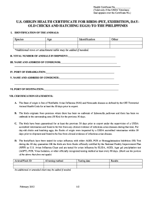 Fillable Online aphis usda U.S. ORIGIN HEALTH CERTIFICATE FOR BIRDS ...