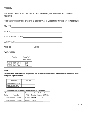 Fillable Online fsa usda OFFER FORM A IN ACCORDANCE WITH UHT MILK ...