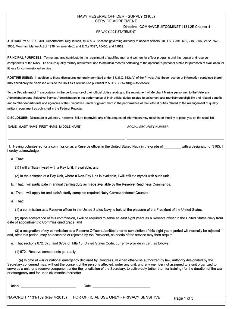Fillable Online Navy Reserve Officer Service Agreement Fax Email Print ...