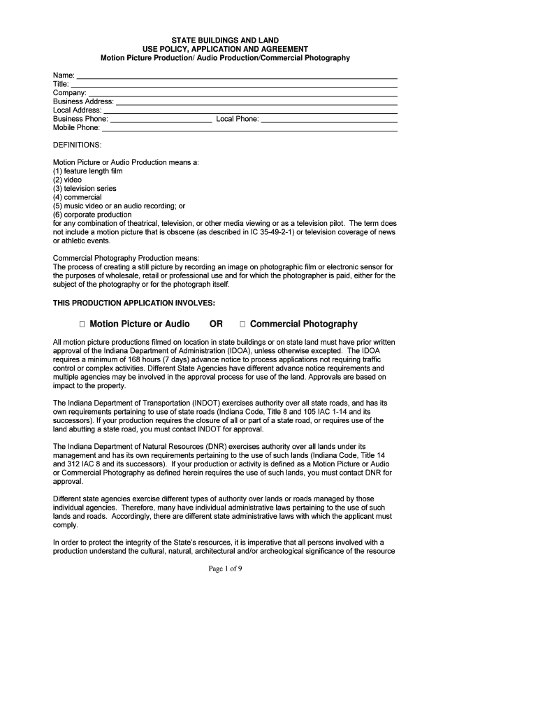 Fillable Online in Motion Picture or Audio OR Commercial ... - State of Indiana - in Fax Email ...