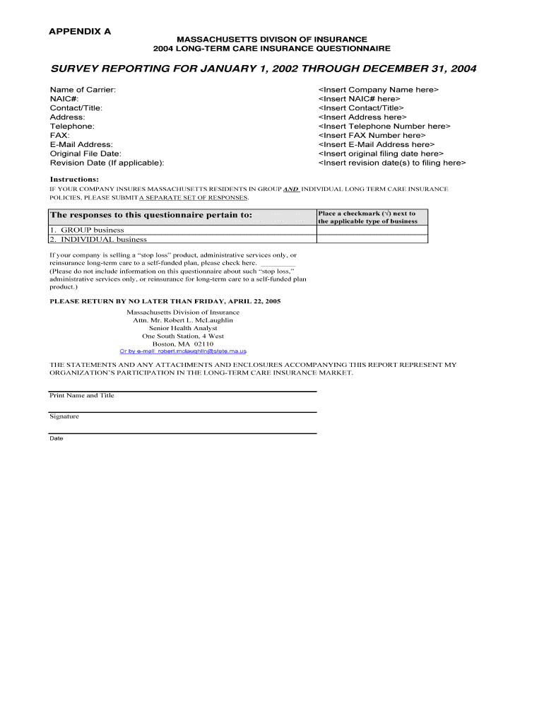 SURVEY REPORTING FOR JANUARY 1, 2002 THROUGH - mass: Fill out & sign ...