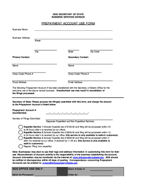 Fillable Online sos state oh Prepayment Account Use Form - Ohio Secretary of State - sos state ...