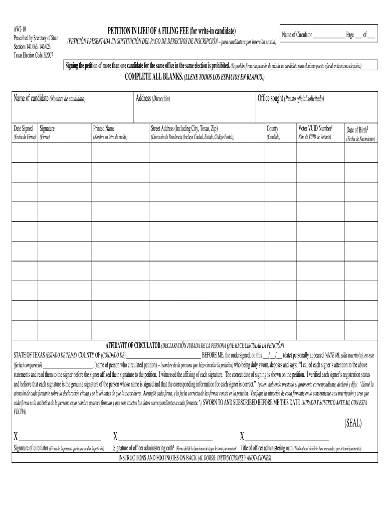 Fillable Online Petition in Lieu of Filing Fee for Write-in Candidate Fax Email Print - pdfFiller