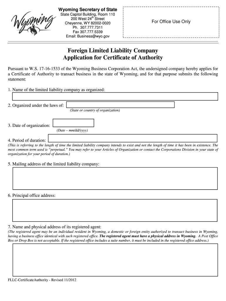 Fillable Online Application for Certificate of Authority for Foreign ...