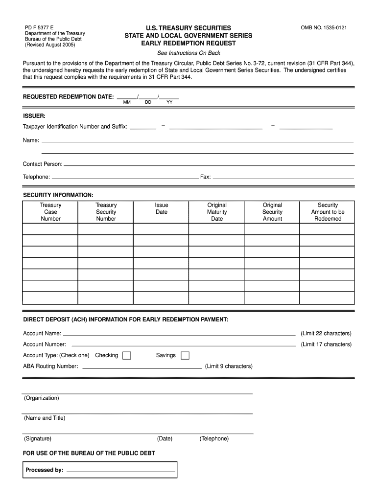US TREASURY SECURITIES SLGS EARLY REDEMPTION REQUST PD F 5377: Fill out ...