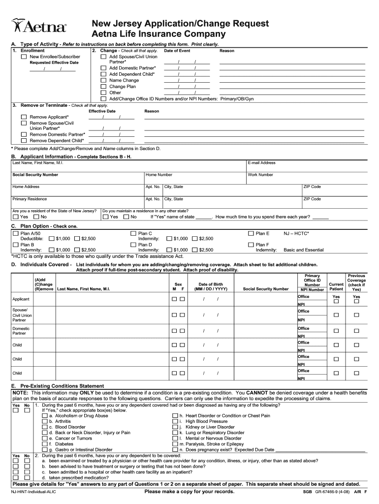 Fillable Online Aetna Health Insurance Application/Change Request Form Fax Email Print - pdfFiller