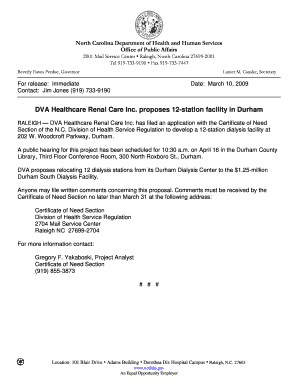 Fillable Online ncdhhs NC DHSR CON: DVA Healthcare Renal Care Inc ...