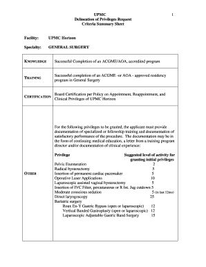 Fillable Online UPMC 1 Delineation of Privileges Request Criteria ...