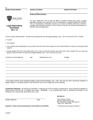Fillable Online Legal Dependents Worksheet 2011 -12 Fax Email Print - pdfFiller